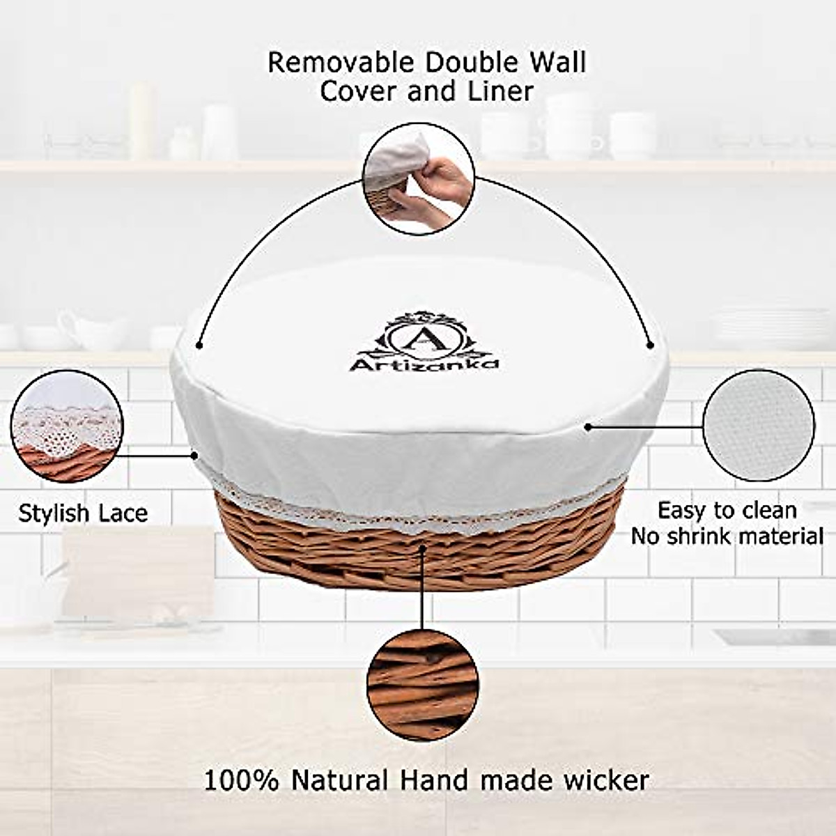 Large Bread Basket for Serving Set - 12x9” Wicker Basket with Removable Liner and Cover Bread Storage and Bread Serving Basket for Homemade Sourdough Bread. Pantry and Fruit Basket by Artizanka