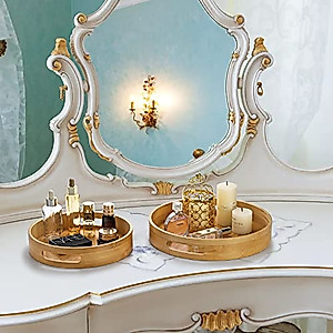 Jucoan 2 Pack Round Bamboo Wood Serving Tray with Handle, 10 &12 Inch Coffee Tea Serving Tray, Breakfast Food Drink Platter for Ottoman Table Kitchen