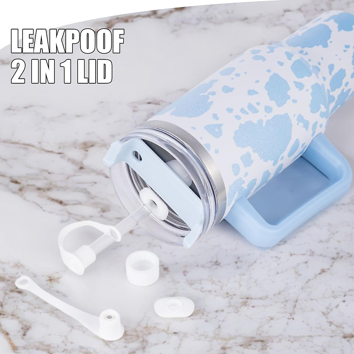 Xereizo 40 oz Tumbler with Handle and Straw, Leak Proof Stainless Steel Insulated Travel Coffee Tumbler Cups Lid and Straw, Iced for 40 Hours Cupholder Friendly Water Bottle Mug, Frost, White