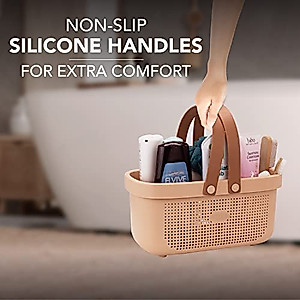 Brookstone BKH1634, Large Portable Shower Caddy with Soft Silicone Carrying Handle, Bathroom Organizer Basket, Plastic Bath Tote, Dries Quickly with Drainage Holes [BPA Free], Blush Color