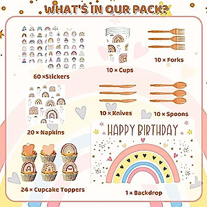 263Pcs Boho Rainbow Birthday Decorations, Boho Rainbow Birthday Party Supplies, Bohemian Birthday Party Decorations, Include Banner, Cake & Cupcake Topper, Backdrop, Tablewares, Balloon and Stickers