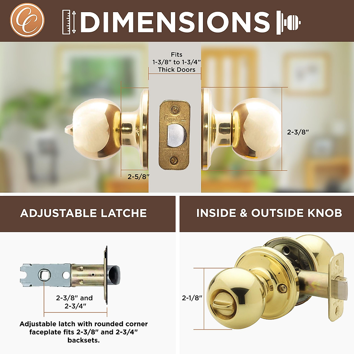 Copper Creek BK2030PB Ball Door Knob, Privacy Function, 1 Pack, Polished Brass