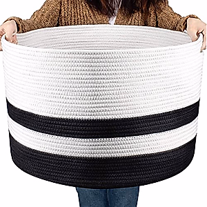 Blanket Basket for Living Room Large Cotton Rope Basket 21.7" x 21.7" x 13.8" Woven Laundry Basket Toy Storage Bins Black and White