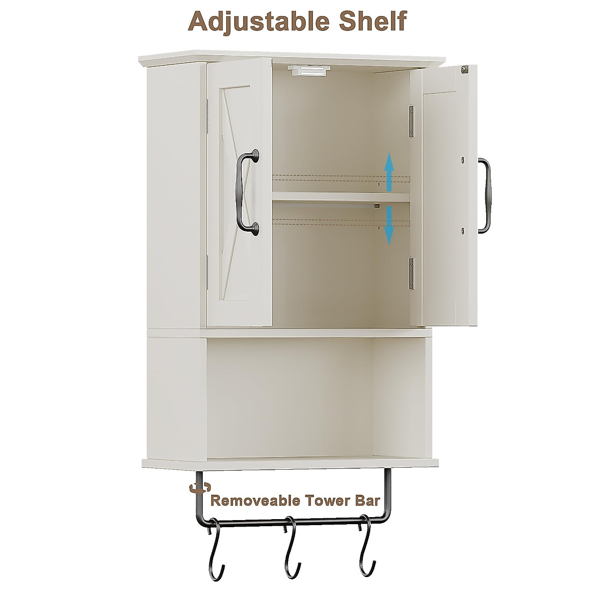 ChooChoo Farmhouse Medicine Cabinet, Bathroom Wall Cabinet with Adjustable Shelf, Towel Bar, 3 Hooks, Over The Toilet Storage Cabinet for Bathroom, Kitchen, White