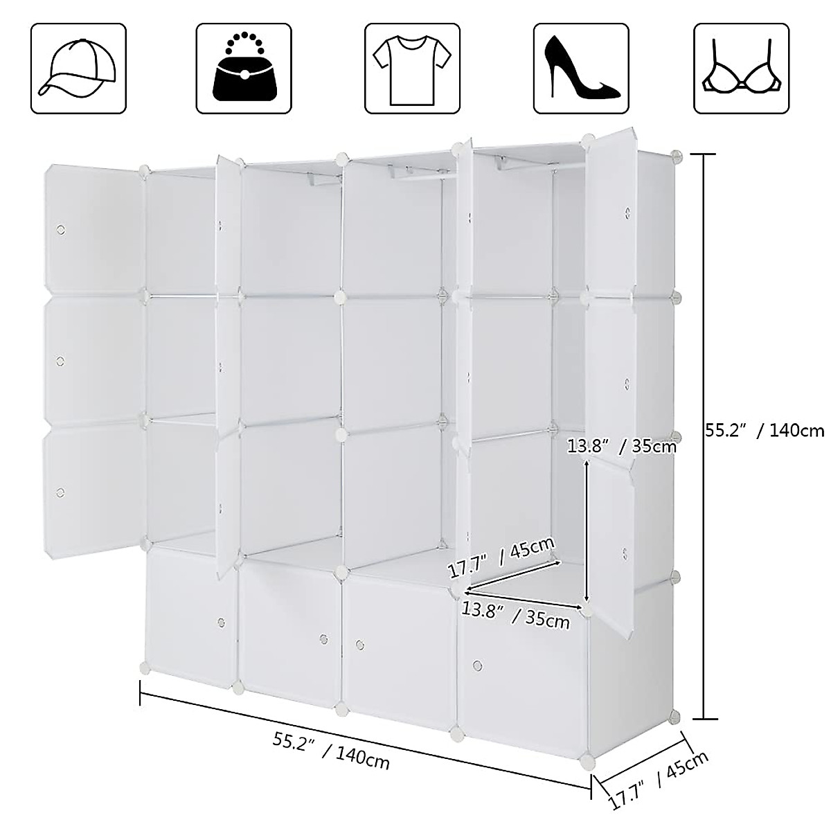 Maximize Home Organization with Stackable Modular Shelving Closet Organizer Plastic Storage Cubes with Hanging Rod and Wardrobe Cabinet - White Doors