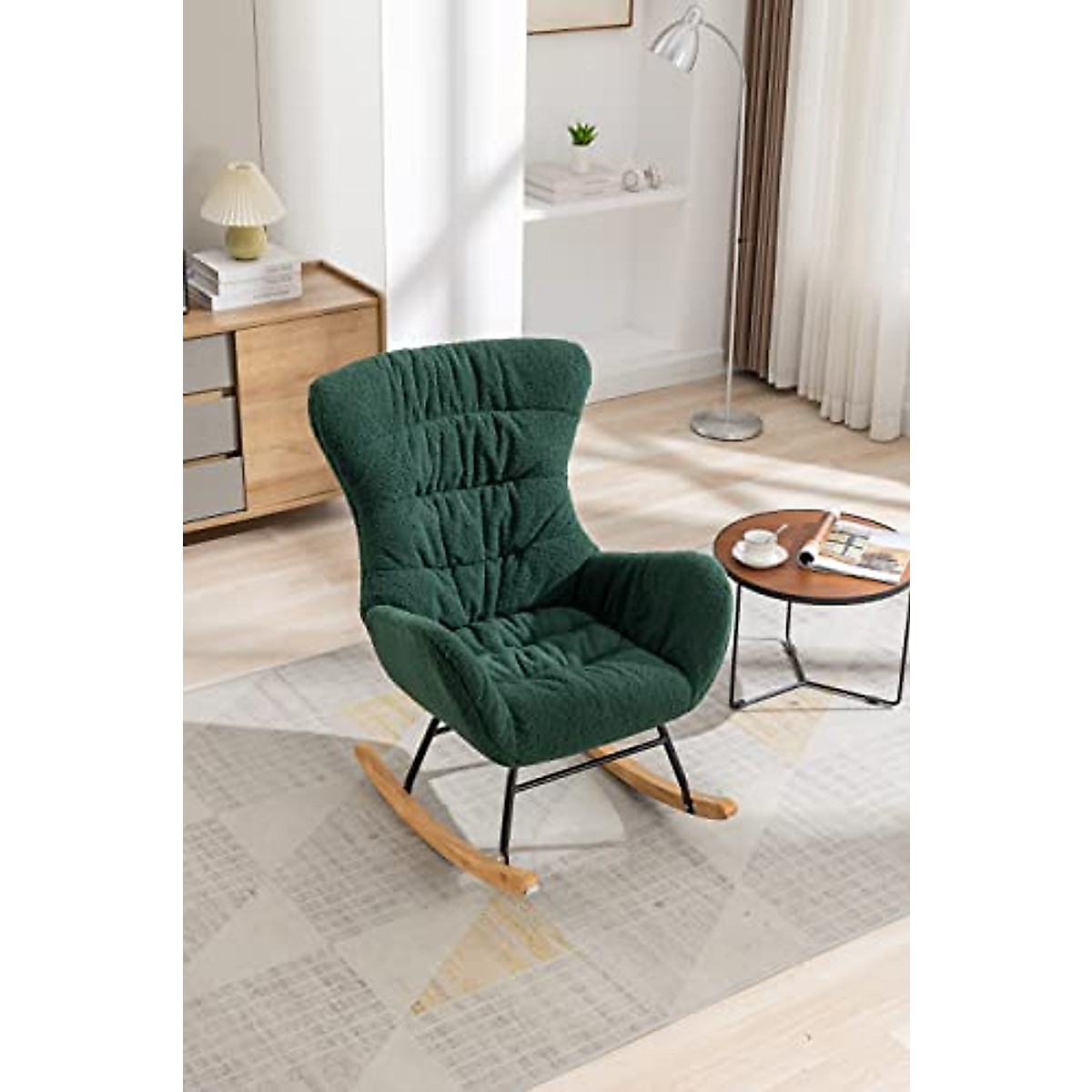 INMOZATA Rocking Chair Nursery Teddy Fabric Upholstered Glider Rocker with High Backrest, Modern Rocking Accent Chair for Nursery/Living Room/Bedroom(Green-Teddy)