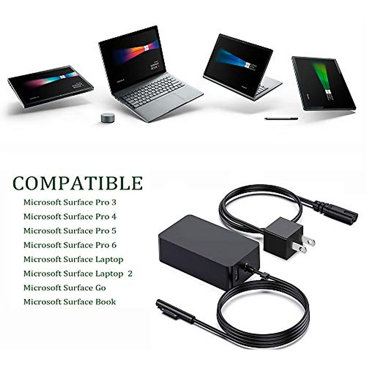 Surface Charger, 44W 15V 2.58A Power Supply AC Adapter Charger for Microsoft Surface Pro 3/4/5/6/7, Surface Laptop 3/2/1, Surface Go/Book, with 6ft Power Cord
