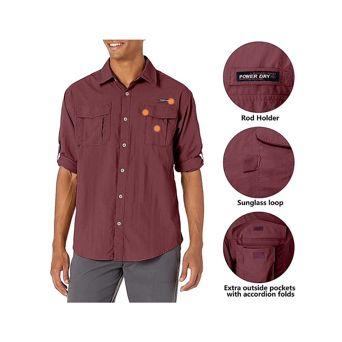 Little Donkey Andy Men's Quick Dry Long Sleeve Fishing Shirt Dark Red 5XL