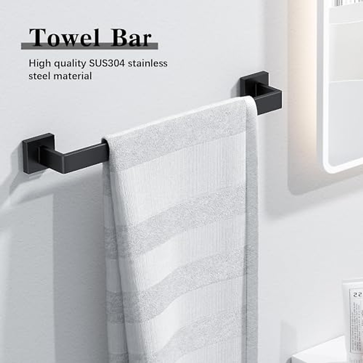 Matte Black Bathroom Hardware Accessories Set 5-Piece Towel Bar Set with Rotatable Square Towel Ring,Bath Towel Holder Set SUS304 Stainless Steel Wall-Mounted,16 Inch