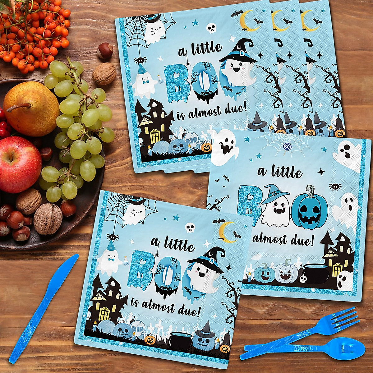48Pcs A Little Boo Is Almost Due Baby Shower Boy Halloween Napkins Little Boo Baby Shower Decorations Boy for Blue Halloween Baby Shower Decorations Boy