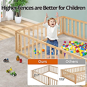 TURRIDU Queen Size Montessori Floor Bed, Multifunctional Wood Bed Frame with Fence & Door for Children Boys Girls Bedroom Living Room, Without Slat & Unlimited Weight, Natural