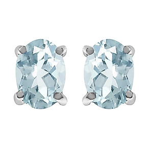 Silvershake 1.32ct. 7X5mm Genuine Oval Shape Blue Aquamarine White Gold Plated 925 Sterling Silver Stud Earrings