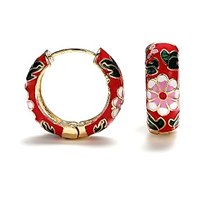 Vintage Enamel Flower Small Hoop Earrings, Retro Japanese Style Flowers Ear Clip-on for Women Delicate Jewelry-black