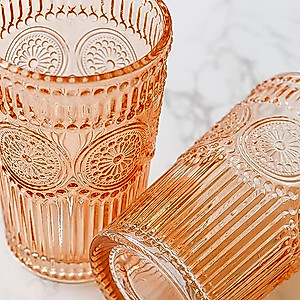Vintage Textured Rose Gold Striped Drinking Glasses Set of 6, (13 oz) Ribbed Glassware Set | Cocktail Set, Ice Tea Glasses, Juice Glass, Water Cups