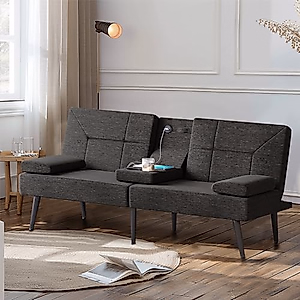 BELLEZE Convertible Sofa Bed with USB Charging Port, Modern Loveseat, Sleeper Sofa, Futon Couch for Living Room, Guest Room, Garage - Madison (Dark Gray Linen)