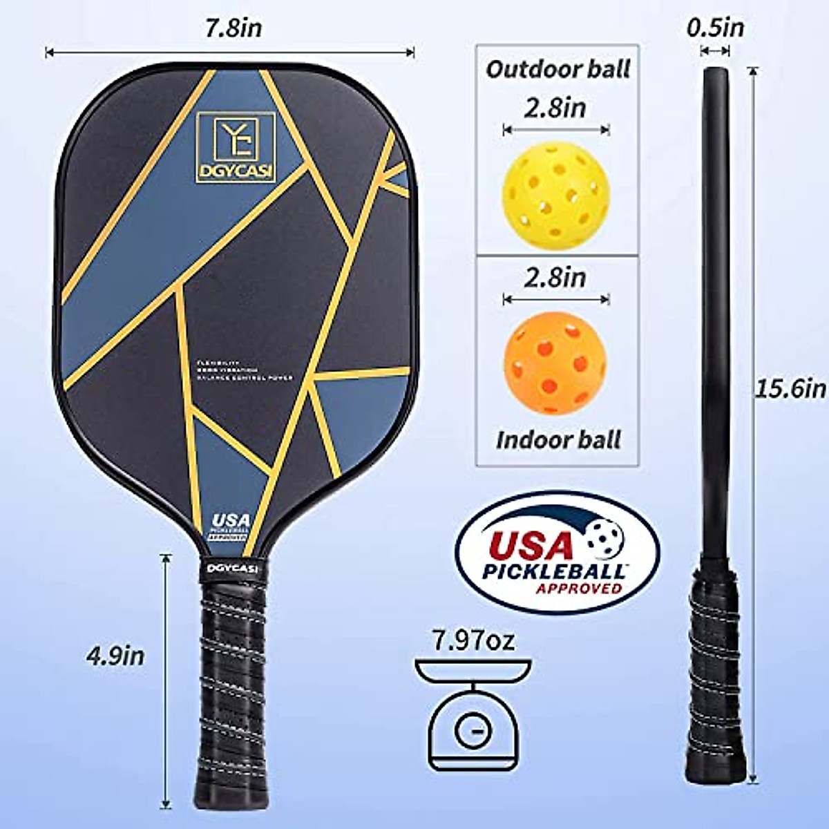 YC DGYCASI Graphite Pickleball Paddles Set of 2, 2022 USAPA Approved, Carbon Fiber Surface (CHS), Polypropylene Honeycomb Core, Anti-Slip Sweat-Absorbing Grip, 4 Pickleball, Portable Carry Bag
