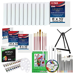U.S. Art Supply 60 Piece Deluxe Acrylic Painitng Set wtih 12 Pack of 8" X 10" Professional Artist Quality Canvas Panel Boards, Aluminum Tabletop Easel, 24 Acrylic Colors, Acrylic Painting Pad