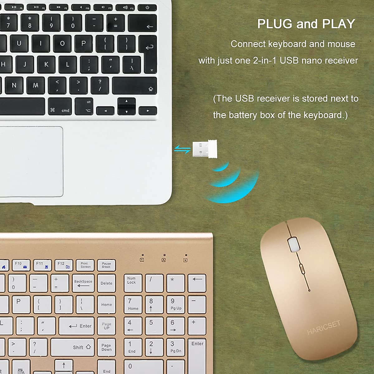Wireless Keyboard and Mouse Combo, Haricset Full-Sized Ultra-Compact 2.4G Stable Connection Keyboard with Number Keypad and Adjustable DPI Mouse for Windows, Mac OS Office Computer (Gold)