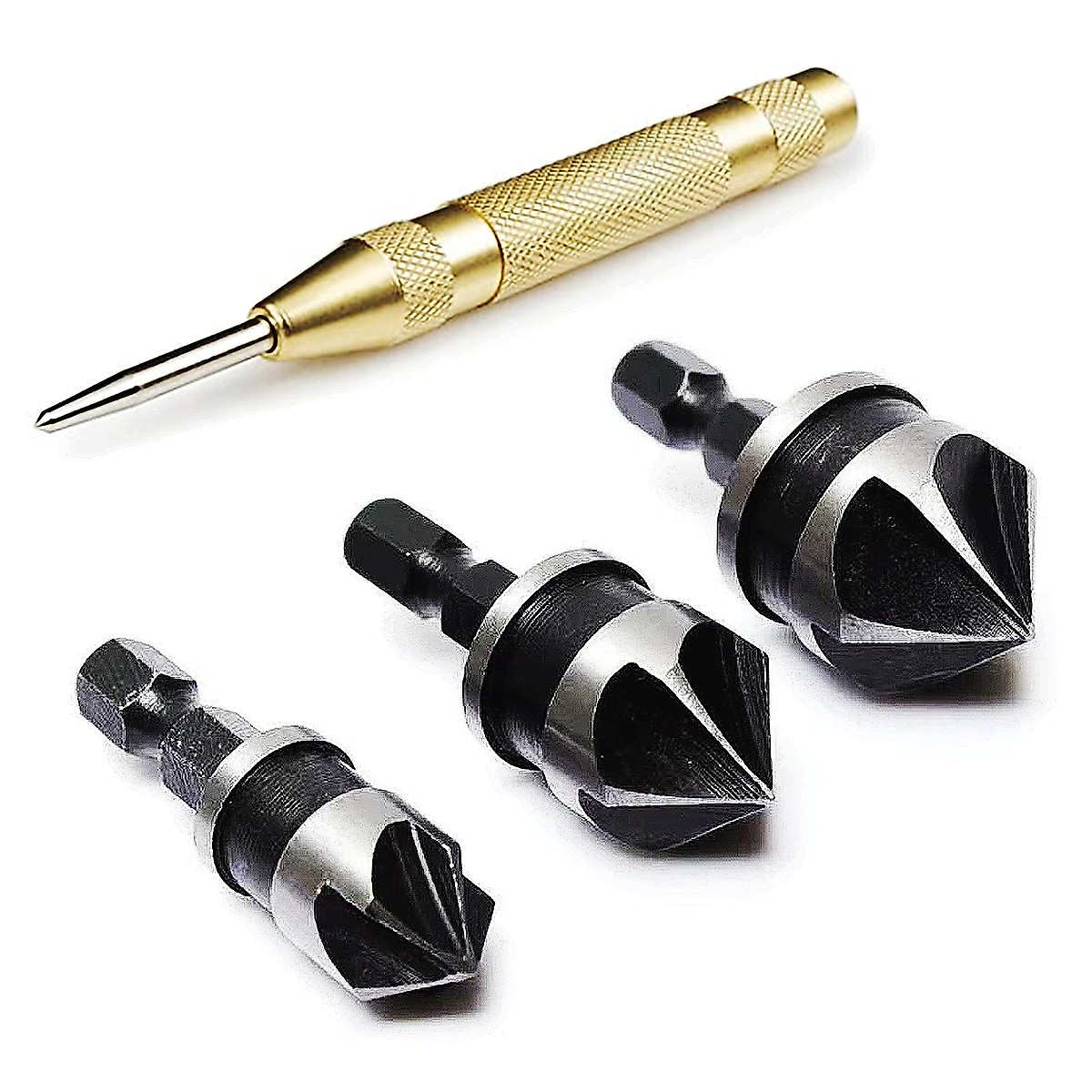 Tomato Palace Countersink Drill Bit Set 3 PCS High Carbon Steel Universal 1/4 inches Hex Shank Countersink Drill Bit Set for Wood + Spring Loaded Automated Center Punch