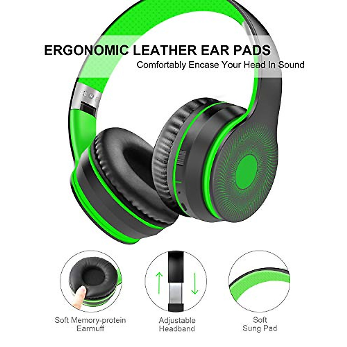 LOBKIN Bluetooth Foldable Headband Microphone &Audio Cable,Hi-Fi Stereo Wireless Headset,Noice Cancelling Soft Earmuffs,TF Card MP3,FM Radios Headphones for Online Class/iPhone/iPad/PC (Green)