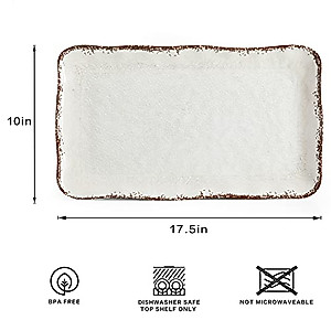 LEHAHA Farmhouse Large Serving Platters, 2 Piece Melamine Dinnerware Set, 17.5 x 10 Inches Vintage Serving Tray, Rectangle White Rustic Trays Set of 2