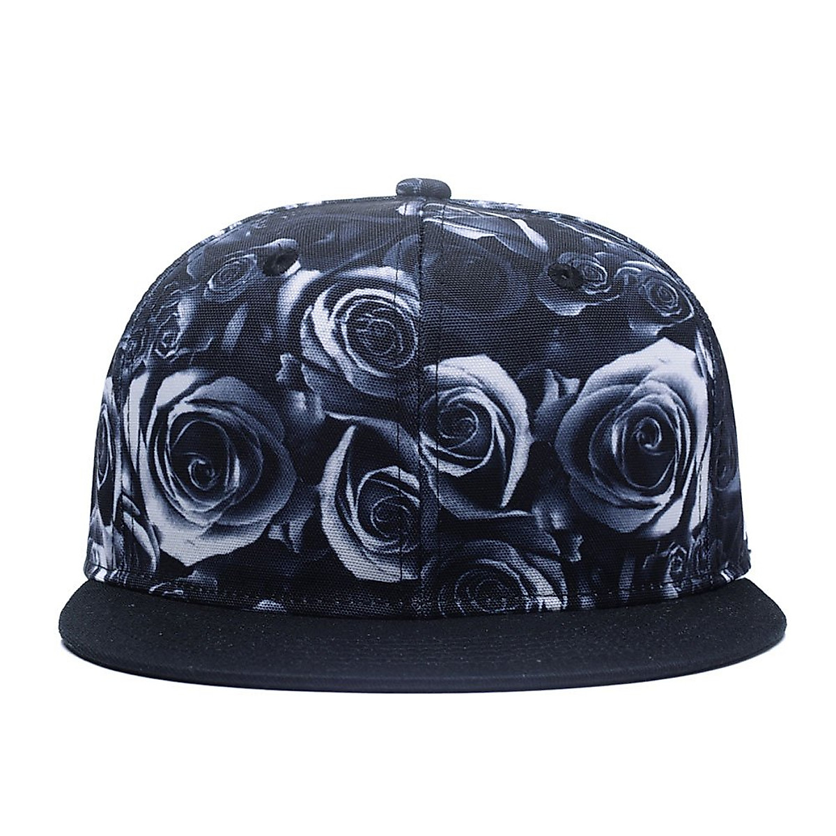 Quanhaigou Premium Floral Black White Rose Twill Adjustable Snapback Hat Hip-Hop Flat Peaked Baseball Caps