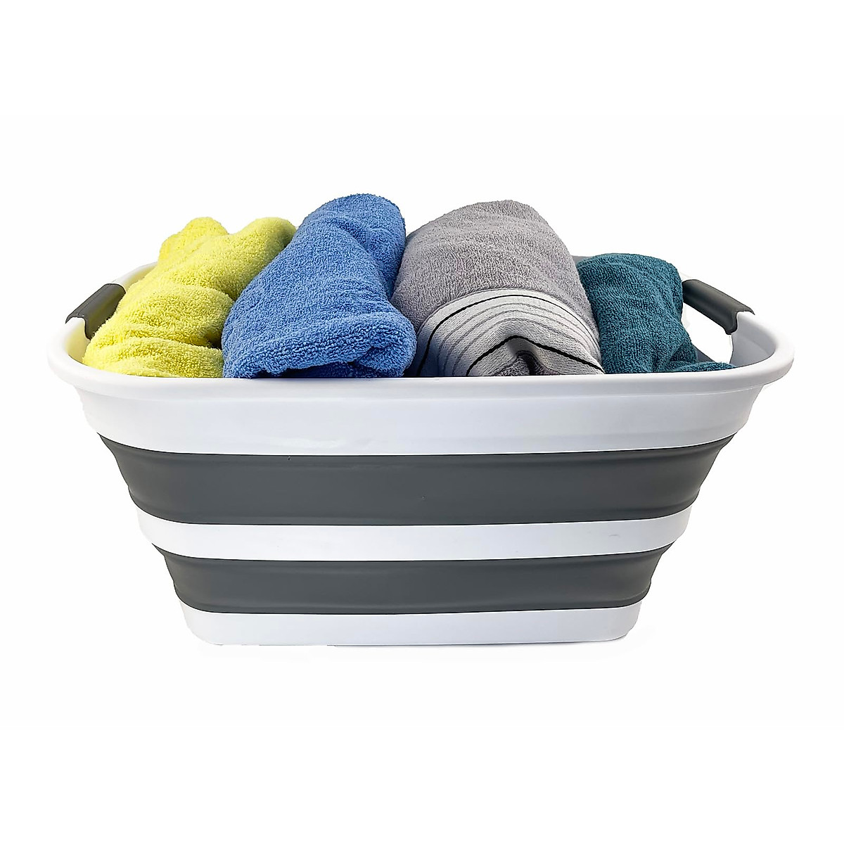 SAMMART Collapsible Plastic Laundry Basket with Dual Grip Handles 27L (7.1 Gallons) -Foldable Pop Up Storage Container/Organizer - Portable Space Saving Washing Tub/Hamper (1, White/Steel Grey)