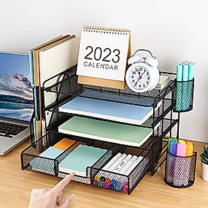 gianotter Paper Organizer with File Holder for Desk, 4 Tier Letter Tray Office Desk Organizers and Accessories - Workspace Organizers with Drawer and 2 Pen Holder for Office Supplies (Black)