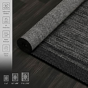 CAMILSON Indoor Outdoor Rug, 5x7 Bordered Dark Grey Black Modern Area Rugs for Indoor and Outdoor Patios, Kitchen and Hallway Mats, Washable Porch Deck Outside Carpet (Bordered Black, 5x7)