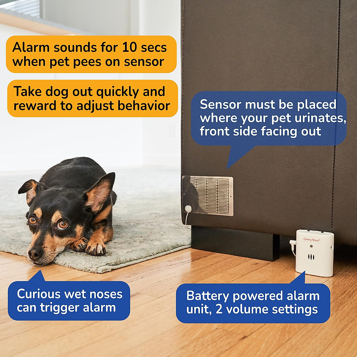 SPRAYALERT Pet Urine & Moisture Alarm for Dogs and Cats - Detect Pet Peeing Realtime - Training Tool for Dogs - Protect Furniture - with Standard Sensor (4.4 in x 2.8 in)