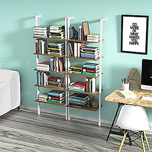 Tangkula Industrial Ladder Shelf Against The Wall, 5-Tier Wall Mount Ladder Bookshelf with Metal Frame, 72 Inches Open Bookcase Plant Flower Stand Display Storage Rack for Home Office