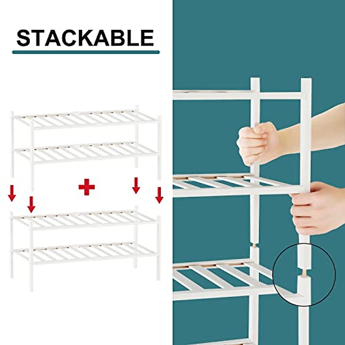 quiqear Bamboo Shoe Rack, 2 Tier Shoe Rack Organizer, Stackable & Durable Shoe Shelf Holder, Free Standing Shoe Racks, Shoe Storage Organizer for Entryway, Closet, Hallway (White)