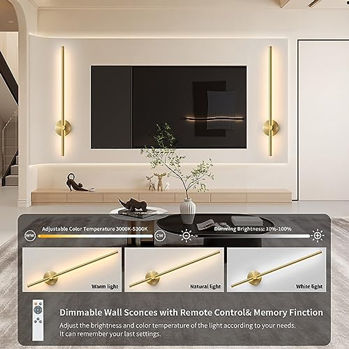 Gednbo Remote Control Dimmable Modern Wall Sconce Set of Two, Multicolor, DIY 350° Rotate, Memory Function, Wall Light for Bedroom, Living Room, TV Wall, Game Room, Hardwired (Gold, 31.5 inches)