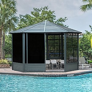 Domi 13x13FT Sunroom, Octagonal Solarium Aluminum Hardtop Gazebo with Galvanized Steel Roof, Detachable PE Screen, Sliding Door, Sun Room Pavilion Gazebo for Deck Backyard Garden