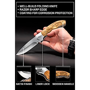 Grand Way Pocket Knife for Men with Wood Handle, Liner lock - Folding Sharp Blade 3.54" - Cool Knives for Camping EDC - Gifts for Dad Him - 6651