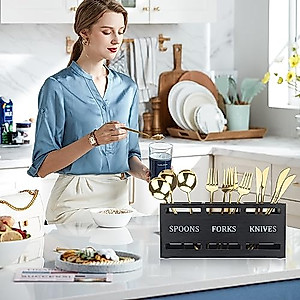 Ayiaren Wooden Silverware Caddies Flatware Cutlery Holder Wood Silverware Organizer Storage Containers Black Kitchen Utensils Holder for Countertop Spoon and Fork Holder Flatware Utensil Caddy