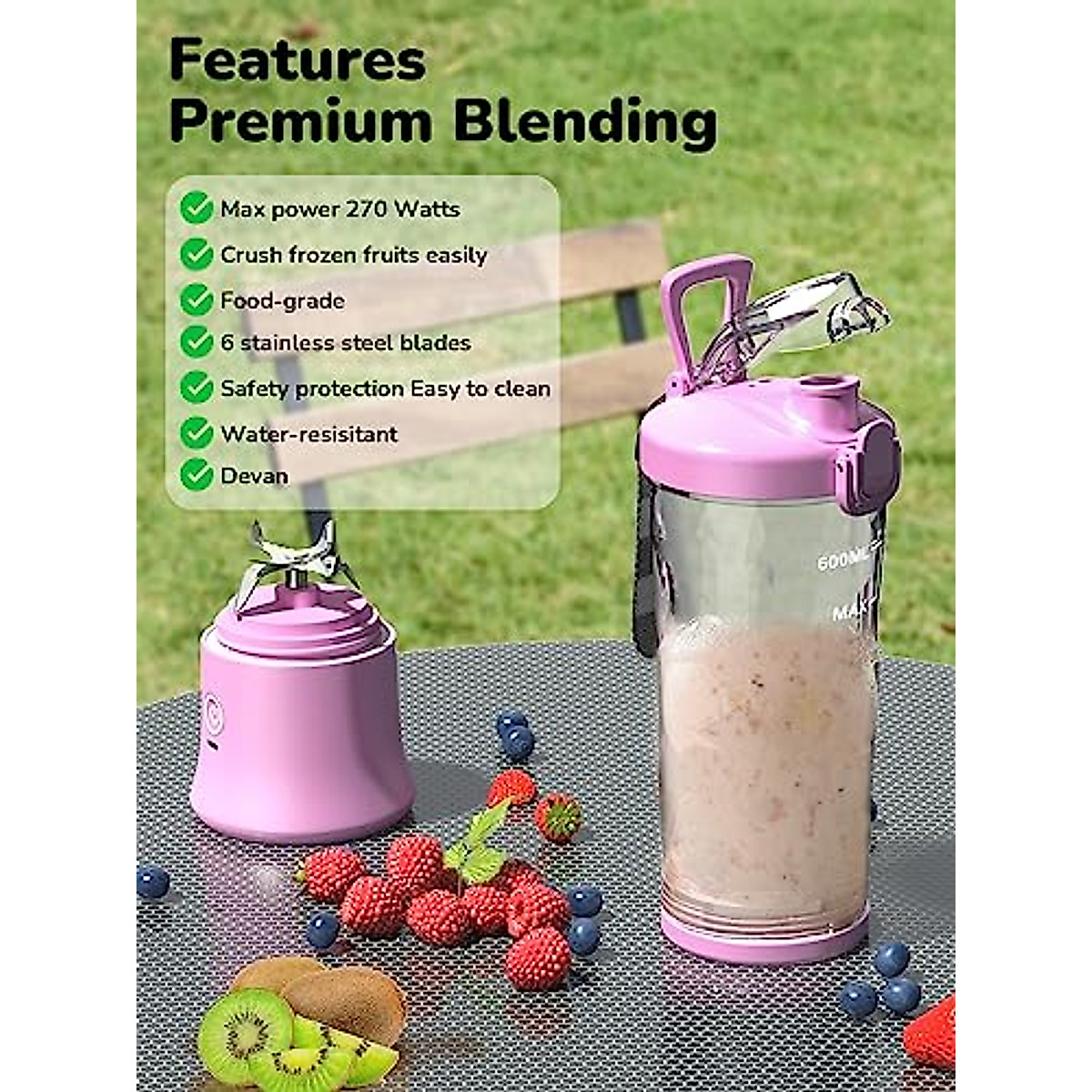 Portable Blender 20oz Large Capacity, 6 Blades Mini Blender for Shakes and Smoothies, BPA Free Personal Blender with Rechargeable USB, Fresh Juice Blender for On the Go, Purple
