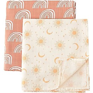 Little Jump 2 Pack (Rainbow & Sunshine) Swaddle Blanket, Silky Soft and Breathable Muslin Blankets for Girls & Boys, Baby Receiving Swaddles, Rainbow Boho Baby Essentials for Neutral (2 Pack)