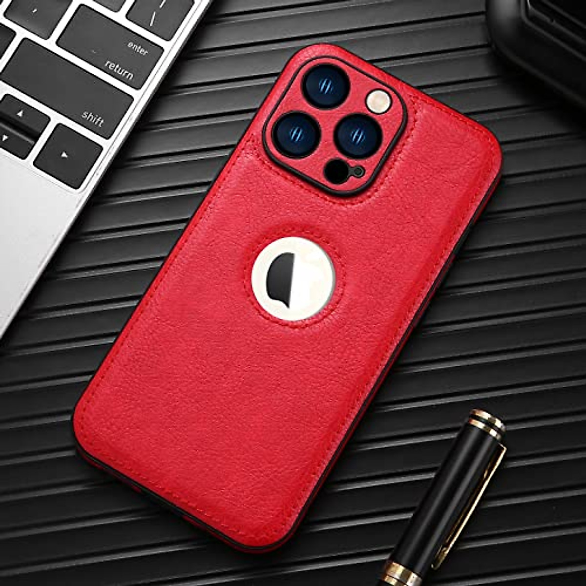 SunRemex Logo Visible for iPhone 13 Pro Max Case with Tempered Glass Screen Protector, Non-Slip Grip Vegan Leather Classic Luxury Elegant Thin Cover for iPhone 13 Pro Max (6.7") (Red)