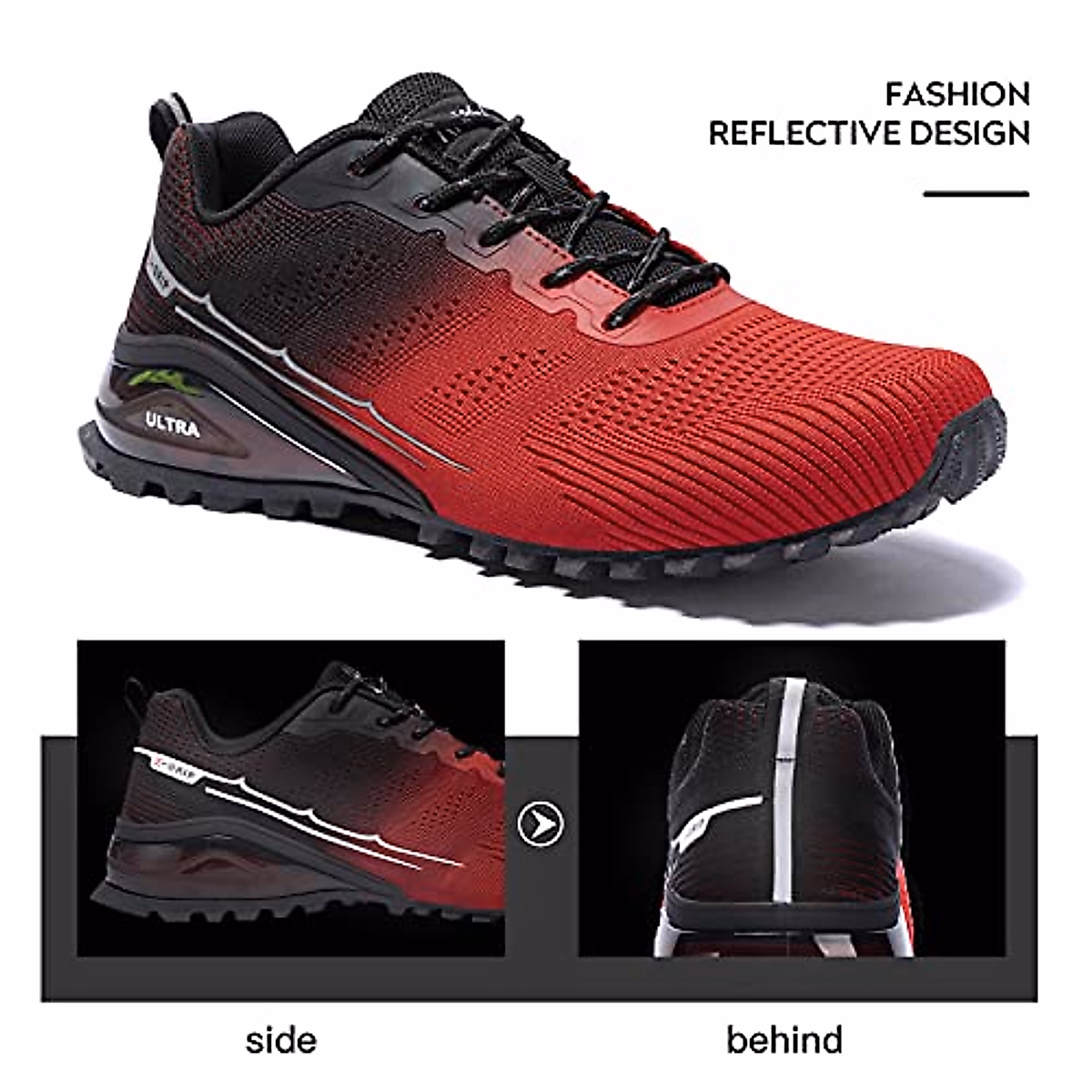 Kricely Men's Trail Running Shoes Fashion Hiking Sneakers for Men Tennis Cross Training Shoe Red Black Non-Slip Walking Footwear Size 10.5