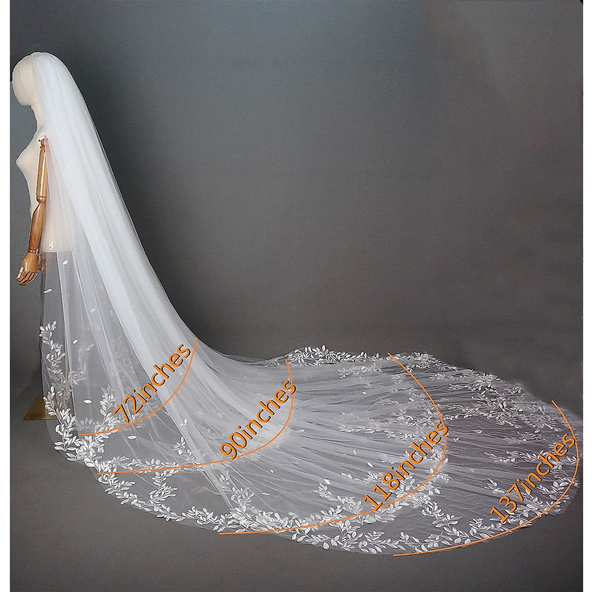 Vintage Cathedral Wedding Bridal Veil With Lace Appliques Metal Comb Custom Make Dramatic Bohemian Bride (118inches cathedral)