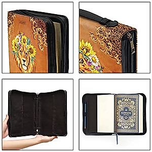 Jesuspirit Personalized Zippered Bible Cover with Handle Large Size - Lion & Sunflower Customized Leather Bible Case - God is Within Her, She Will Not Fall - Psalm 46:5 - Ideal Gift for Church Ladies