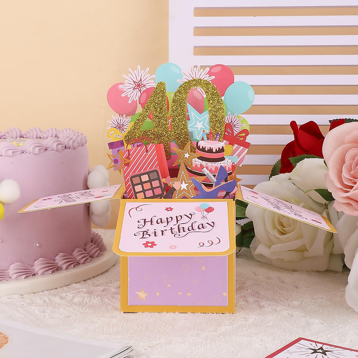 Happy Birthday Pop Up Card, Creative 3D Birthday Card with Classic Envelope & Writing Note Happy Birthday Pop Up Box for Women Men(40th Birthday Card)
