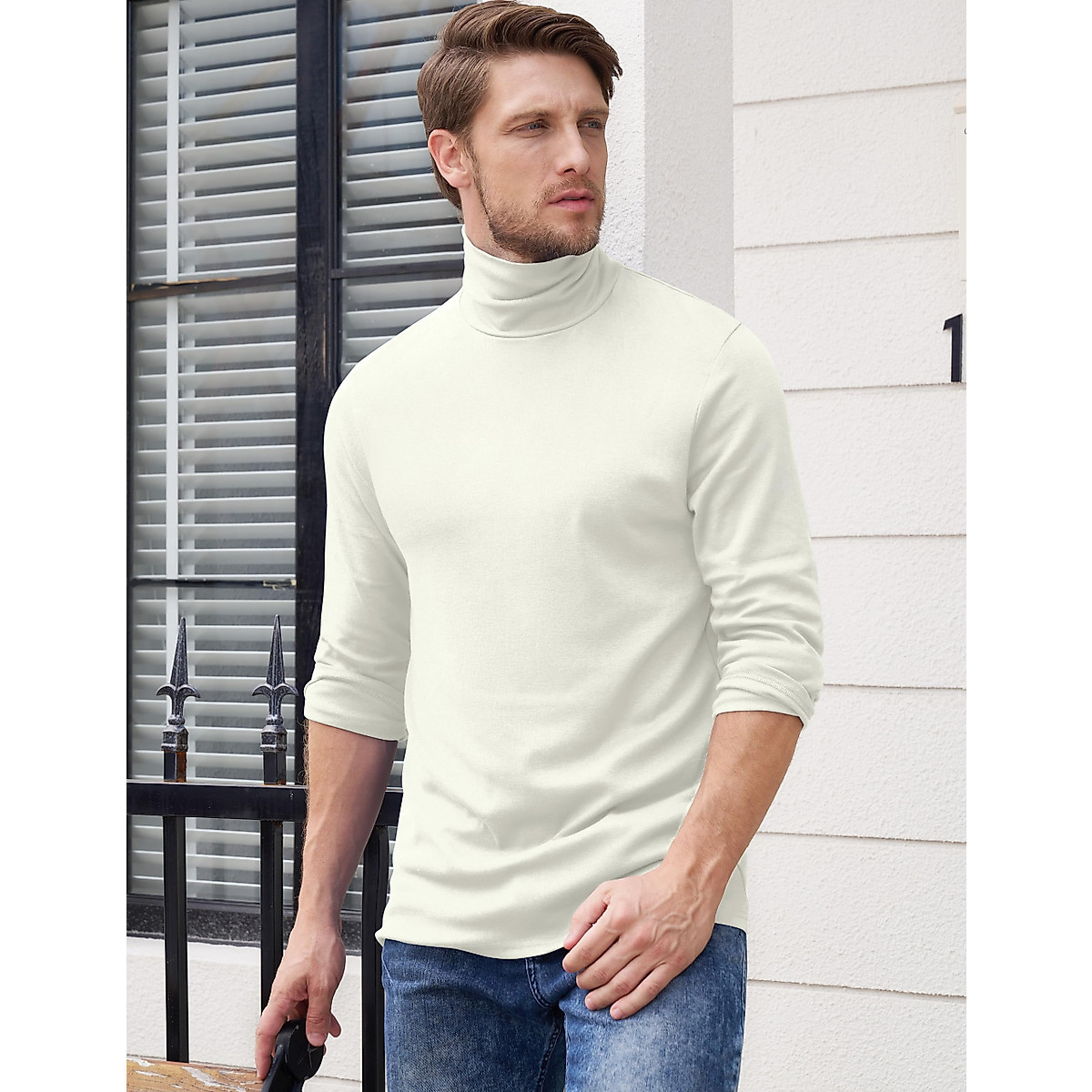 TAPULCO Men's Long Sleeve Knitted Textured Fashion White Slim Fit Thin Lightweight Turtle-Neck T-Shirt Casual Stylish Ski Jumpers Solid Turtleneck Ivory X-Large
