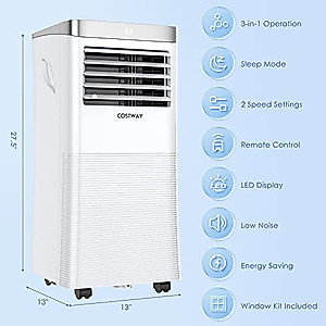 COSTWAY Portable Air Conditioner, 10000 BTU Air Cooler with Fan & Dehumidifier Mode for Rooms up to 350 Sq.Ft, Quiet AC Unit with Sleep Mode, 2 Fan Speeds, 24H Timer(10000BTU)