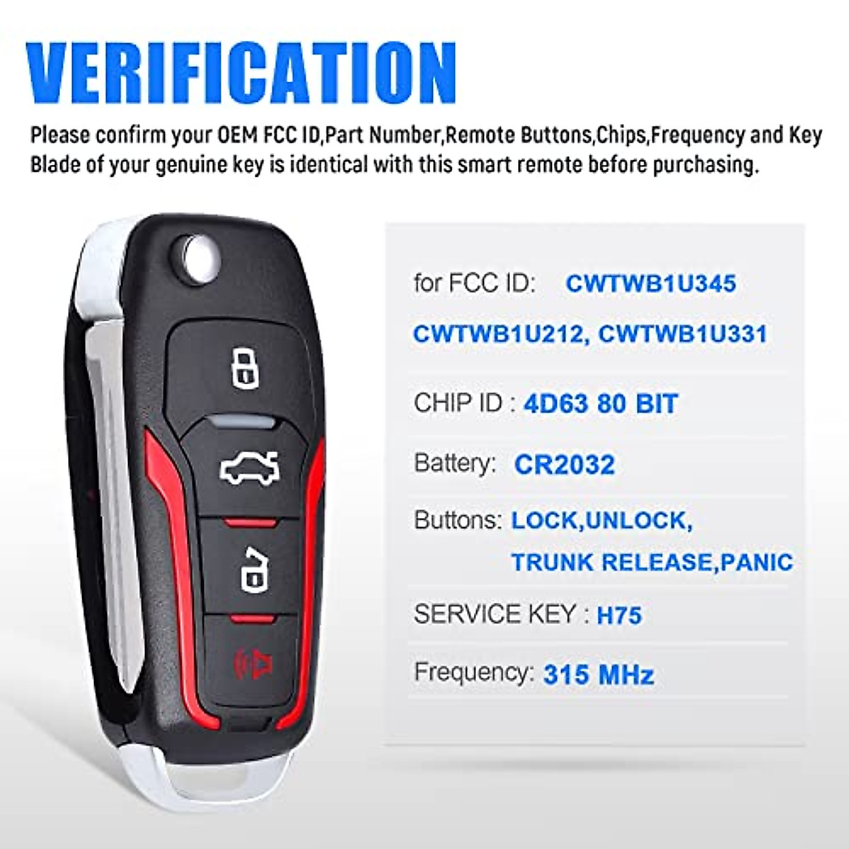 Keymall keyless Entry Replacement Car Key Fob Remote Transmitter 4D63 for Ford, Lincoln, Mercury CWTWB1U345