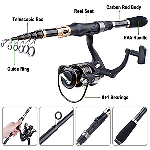 PLUSINNO Fishing Rod and Reel Combos and Fishing Tackle Backpack Storage Bag,Carbon Fiber Telescopic Fishing Rod with Reel Combo,Fishing Gear Bag,Water-Resistant Fishing Backpack with Rod Holder