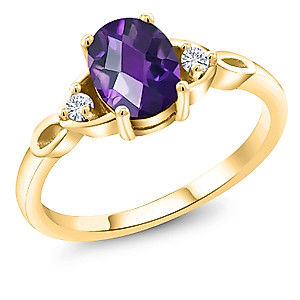 18K Yellow Gold Plated Silver Purple Amethyst and White Moissanite 3-Stone Rings For Women (1.28 Cttw, Gemstone February Birthstone, Oval Checkerboard 8X6MM, Available In Size 5, 6, 7, 8, 9)