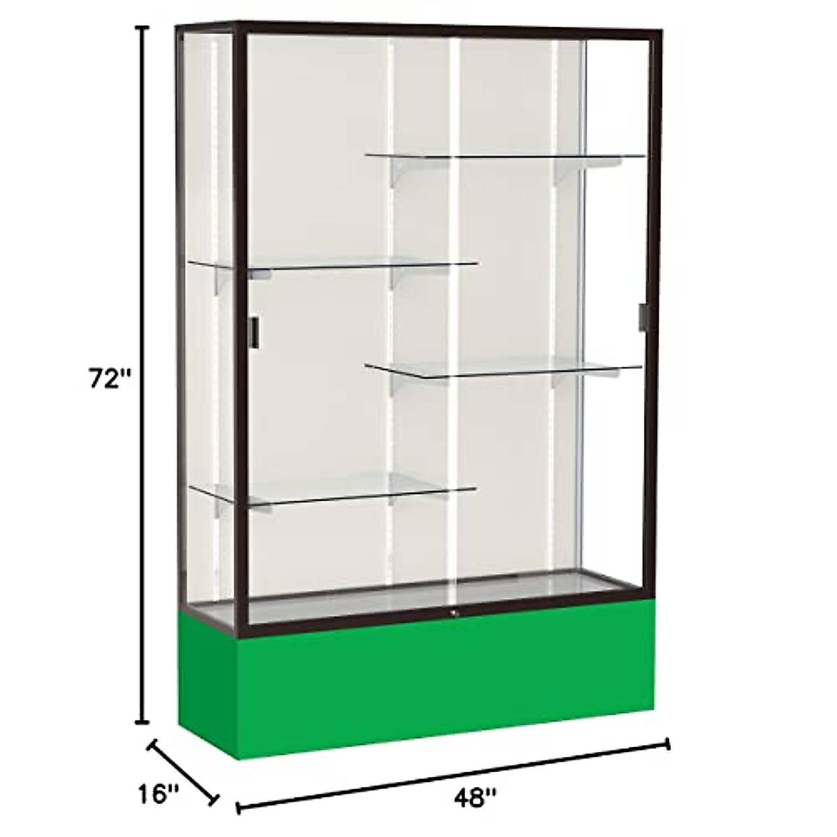 Waddell Spirit Plaque Back Display Case, 48W by 72H by 16" D, Dark Bronze Finish with Kelly Green Base