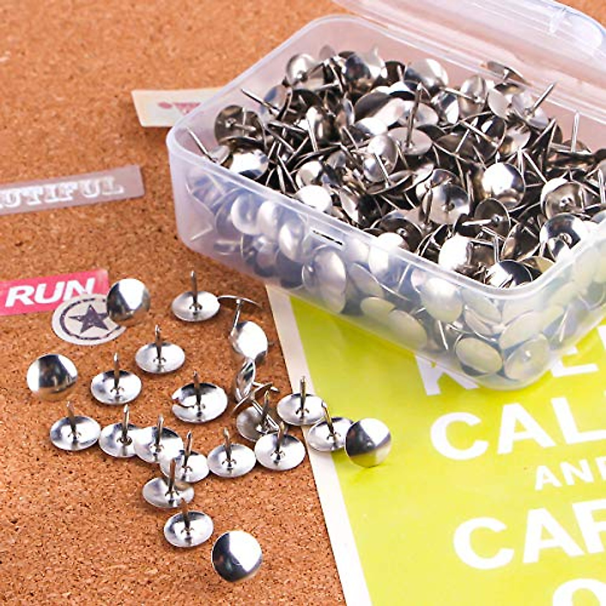 Yalis Thumb Tacks 500-count, 3/8-inch Steel Roundness Push Pins Office Tacks for Corkboard (Silver)